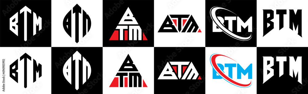 BTM letter logo design in six style. BTM polygon, circle, triangle ...