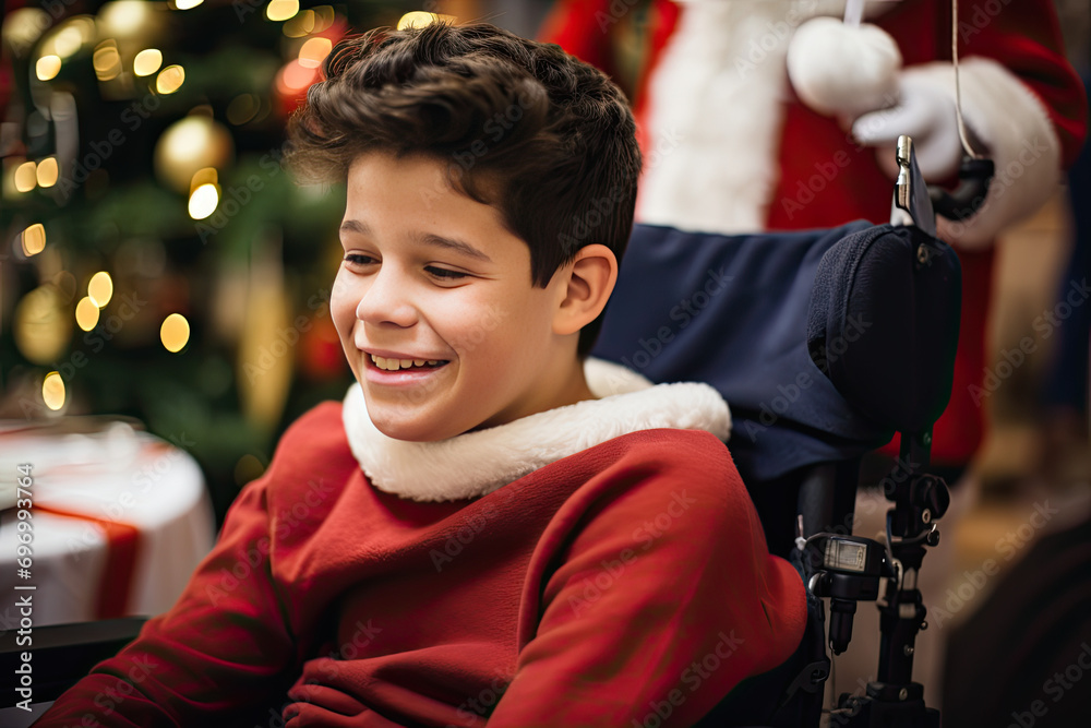 Physically disabled child on a wheelchair, with Santa Claus, Father ...