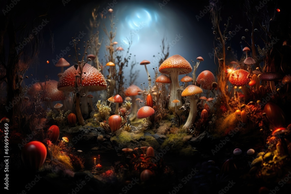 Beautiful and colorful mushrooms. Vivid magic mushroom forest ...