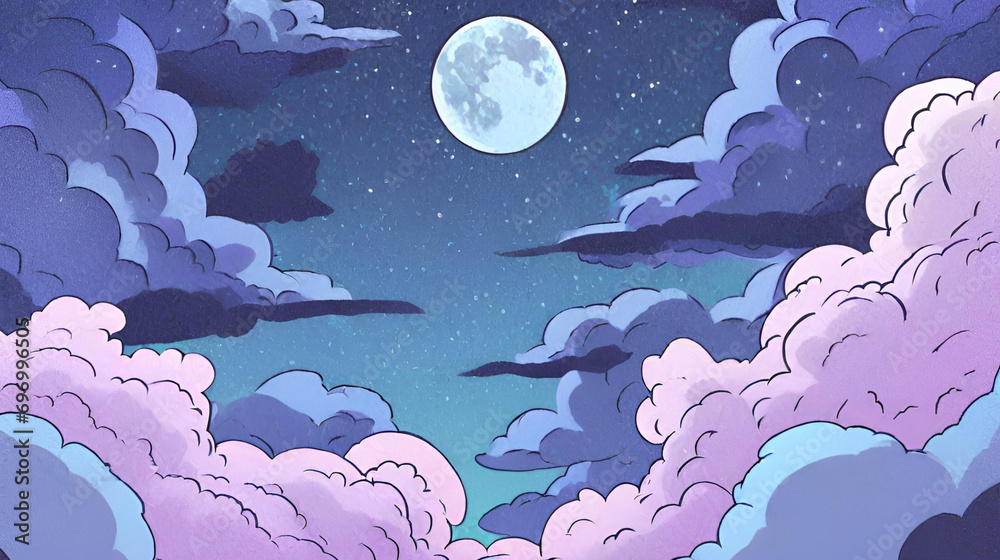 There is a cartoon style illustration of a moon in the sky with cloud ...