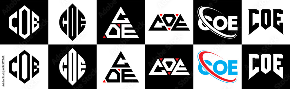 COE letter logo design in six style. COE polygon, circle, triangle ...
