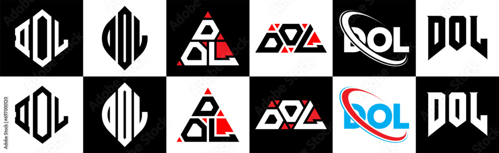 DOL letter logo design in six style. DOL polygon, circle, triangle ...