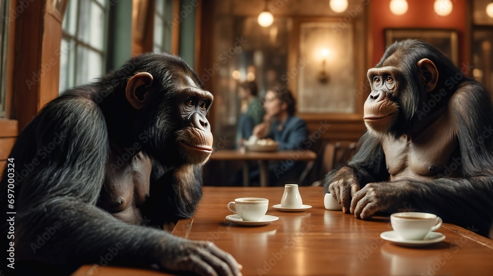 Two chimpanzee friends met at a café for cappuccinos and smart talk ...