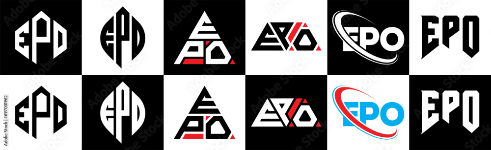 EPO letter logo design in six style. EPO polygon, circle, triangle ...