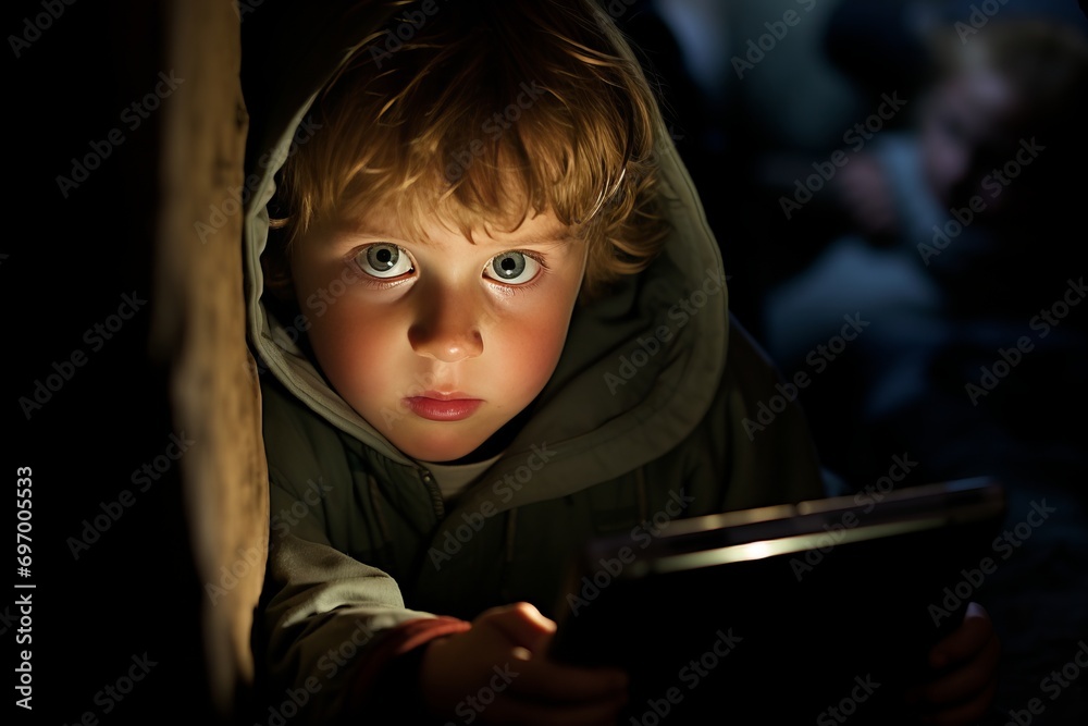 Child, boy in the dark illuminated by a flashlight, looking at the ...