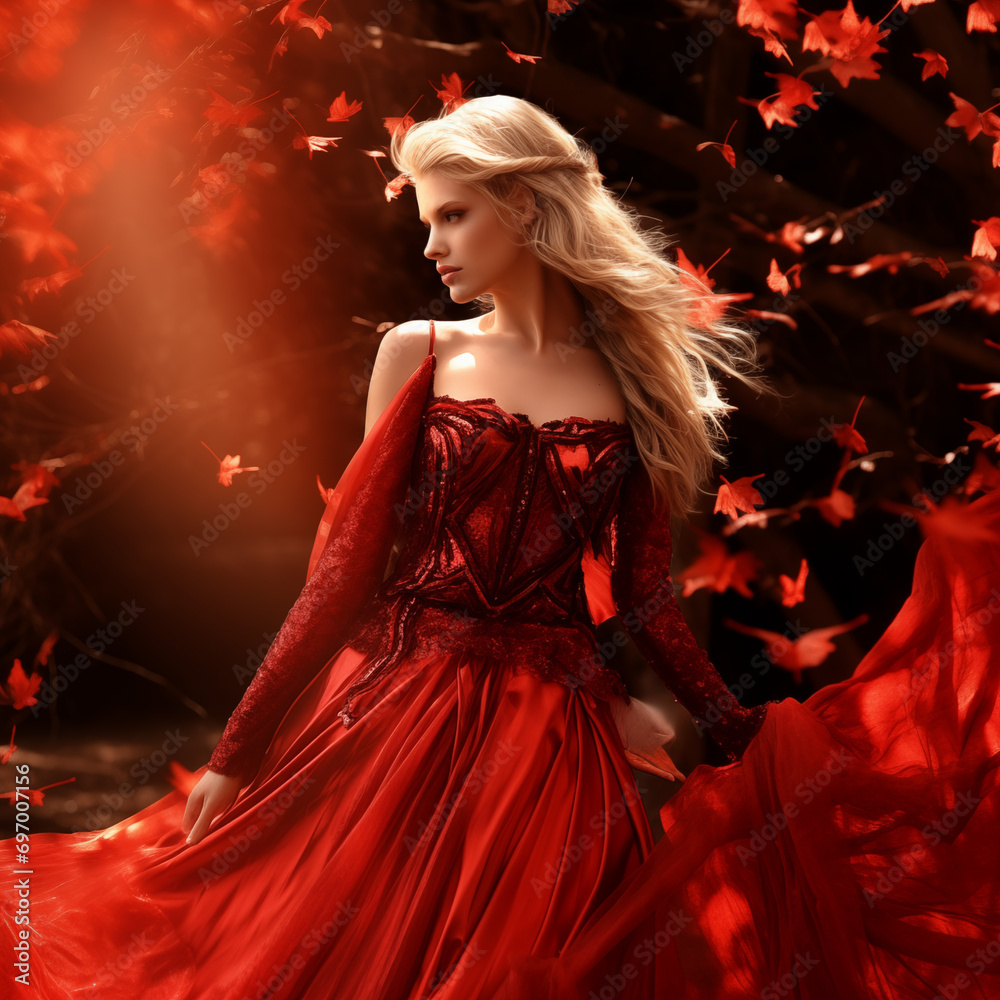 "Illusion Glamour en Rouge" : Une image onirique d'une femme en robe ...
