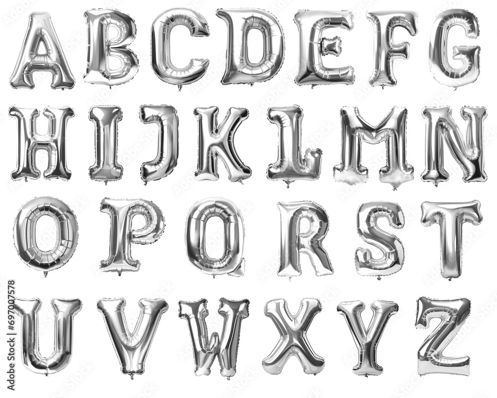 Letters of alphabet made with foil silver birthday balloons Stock Photo ...