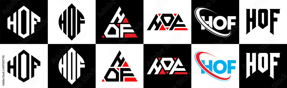 HOF letter logo design in six style. HOF polygon, circle, triangle ...