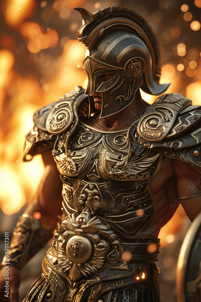 Ares - Greek god in a half-body shot with a background reflecting his ...