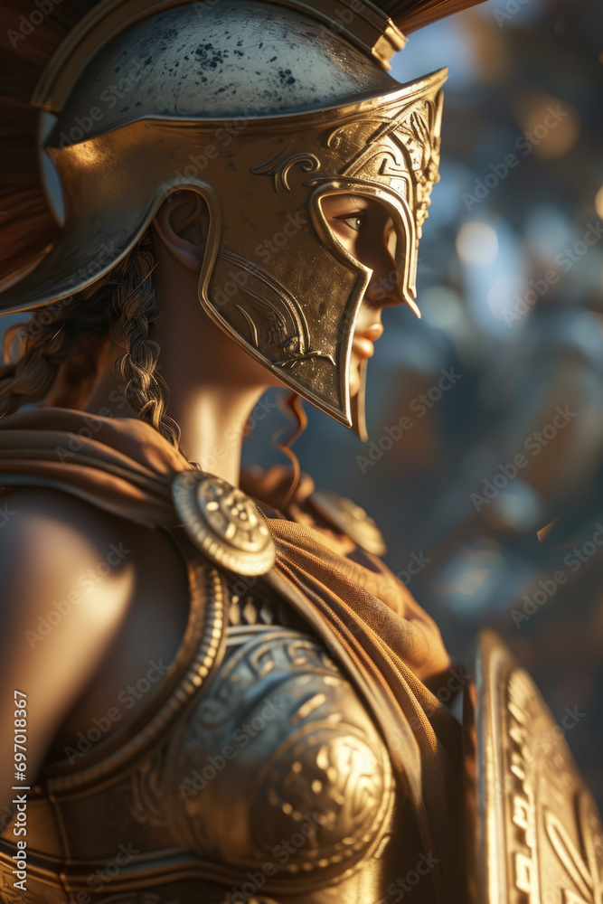 Athena - Greek goddess in a half-body shot with a background reflecting ...