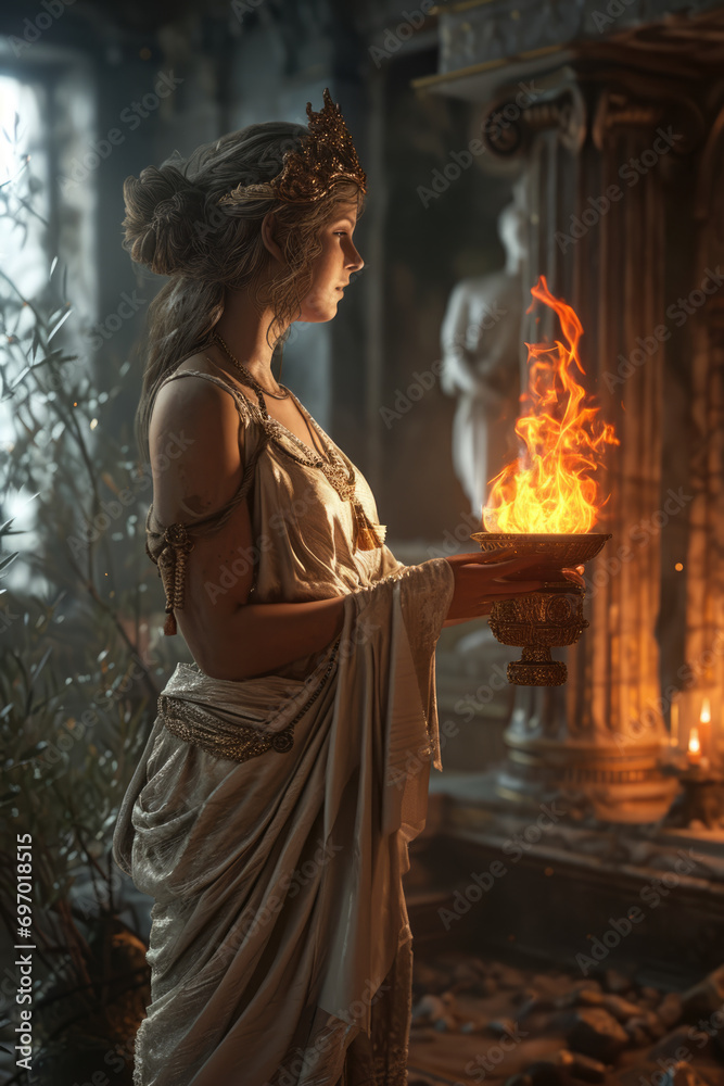 Hestia - Greek god in a half-body shot with a background reflecting her ...