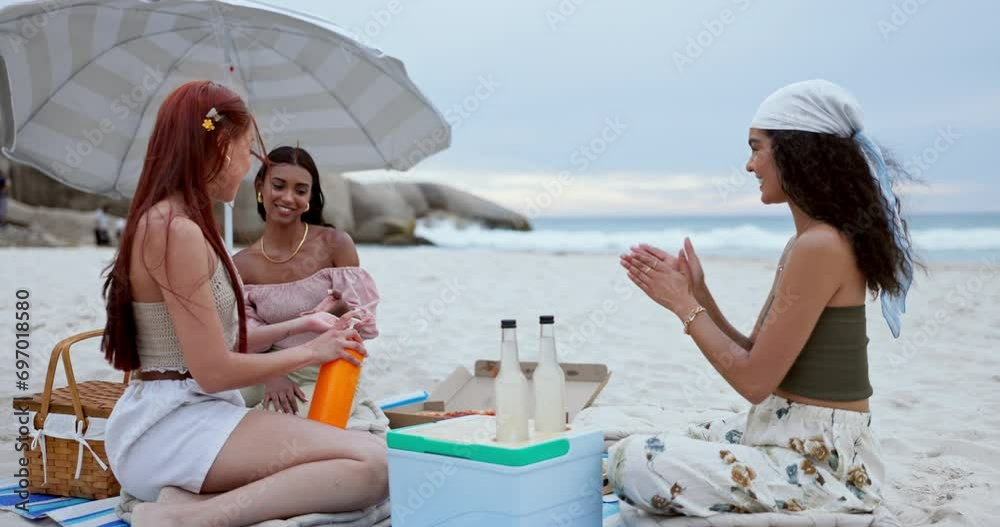 Women friends, beach and sunscreen lotion on vacation with conversation ...