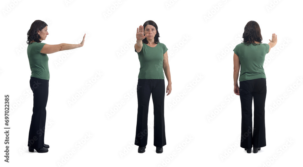 side, front and back view of same woman showing the stop sign with ...