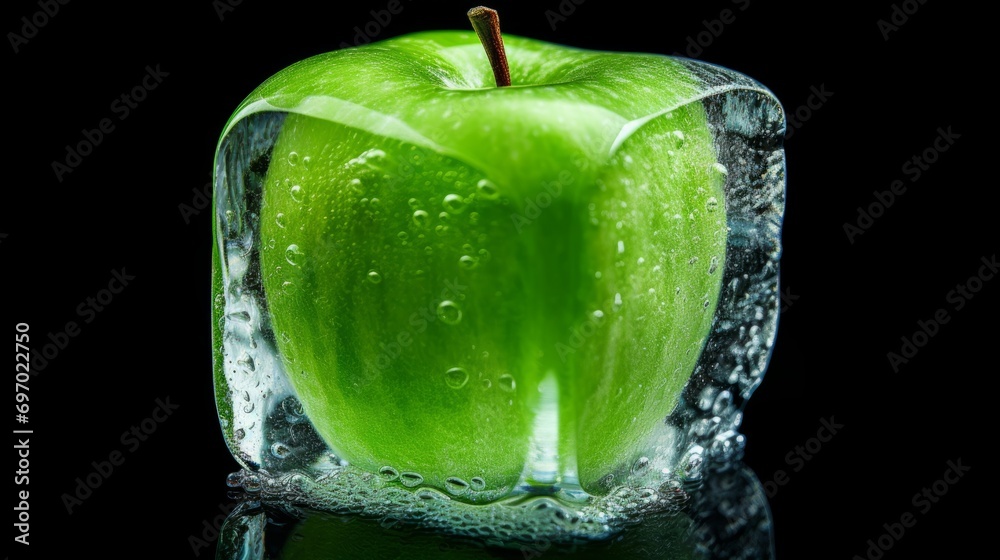Green apple frozen in an ice cube. Frozen fruits on black background ...