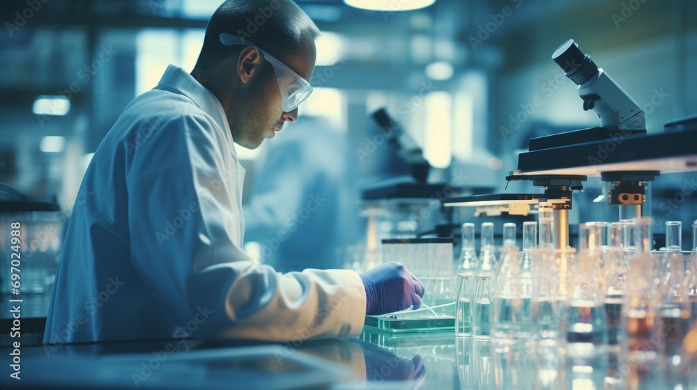 Exploring medical mysteries: lab worker conducts experiments with tubes ...