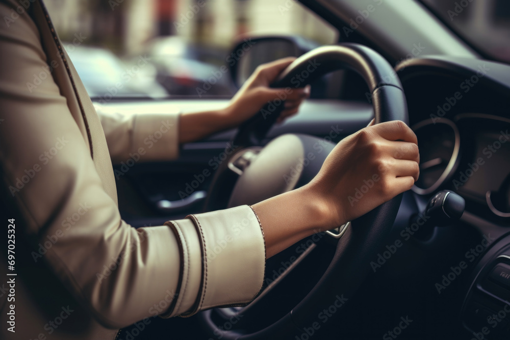 female driver behind the wheel of a modern car, her hands confidently ...