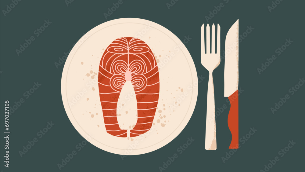 Salmon on a plate with cutlery. Seafood background. Food hand draw ...
