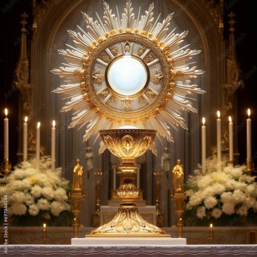 Blessed Sacrament exposed in the monstrance surrounded by angels Stock ...