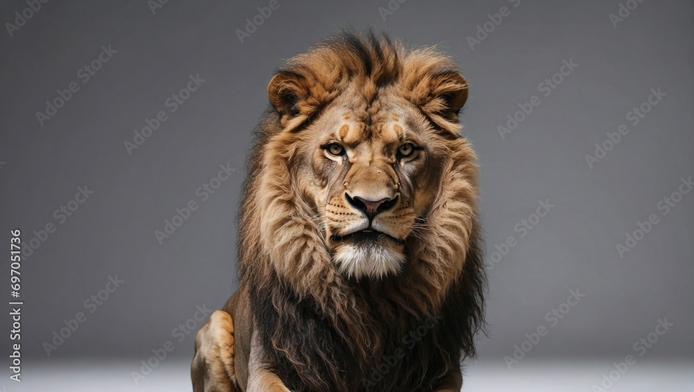 A majestic lion sits with a stern expression, its luxurious mane and ...