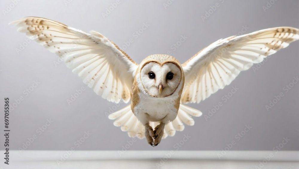 Dynamic image of a Barn Owl in flight, wings fully extended, against a ...