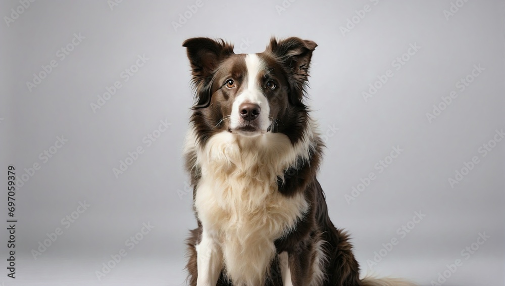 Border Collie with a lustrous tri-color coat standing against a light ...