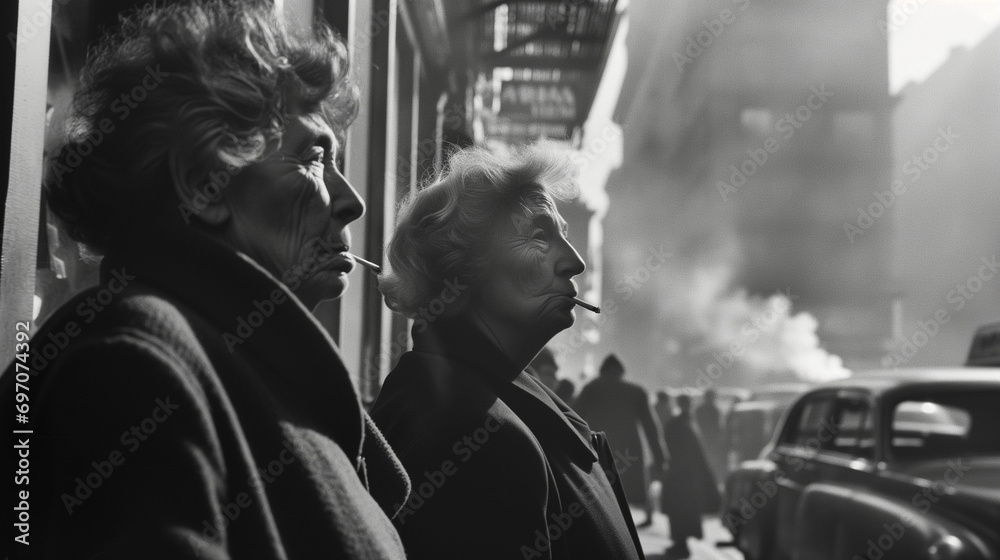 Black and white image of old ladies smoking cigarettes on the streets ...