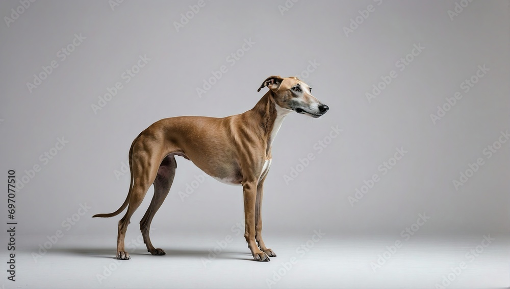 A regal greyhound with a lean body and a golden tan coat stands alert ...