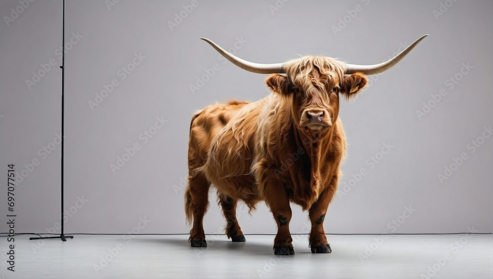 A majestic Highland cow with long, wavy, golden fur and large, curved ...