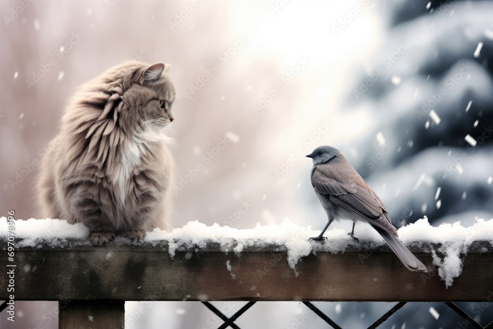Cute funny tabby hunter cat sits on a fence and watches a sitting bird ...