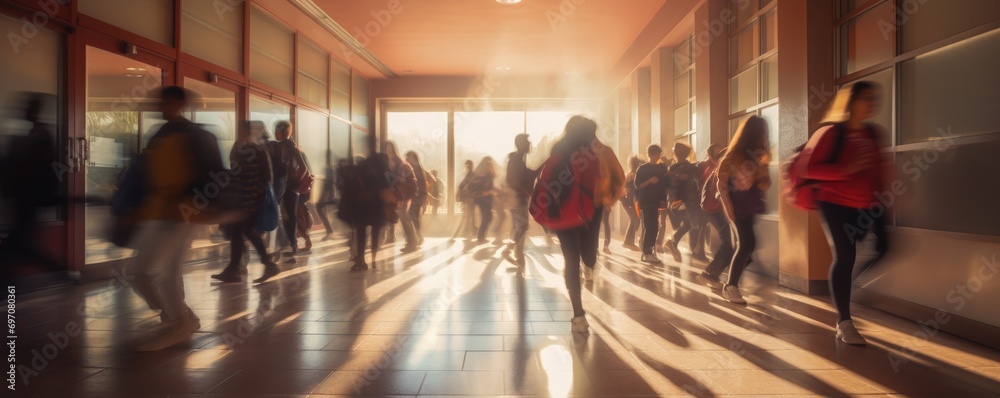 Crowd of high school students walking through a school hallway, motion ...