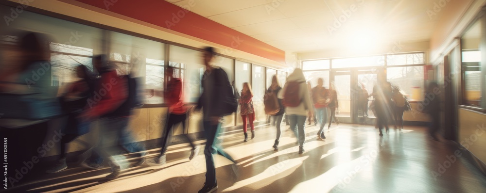 Crowd of high school students walking through a school hallway, motion ...