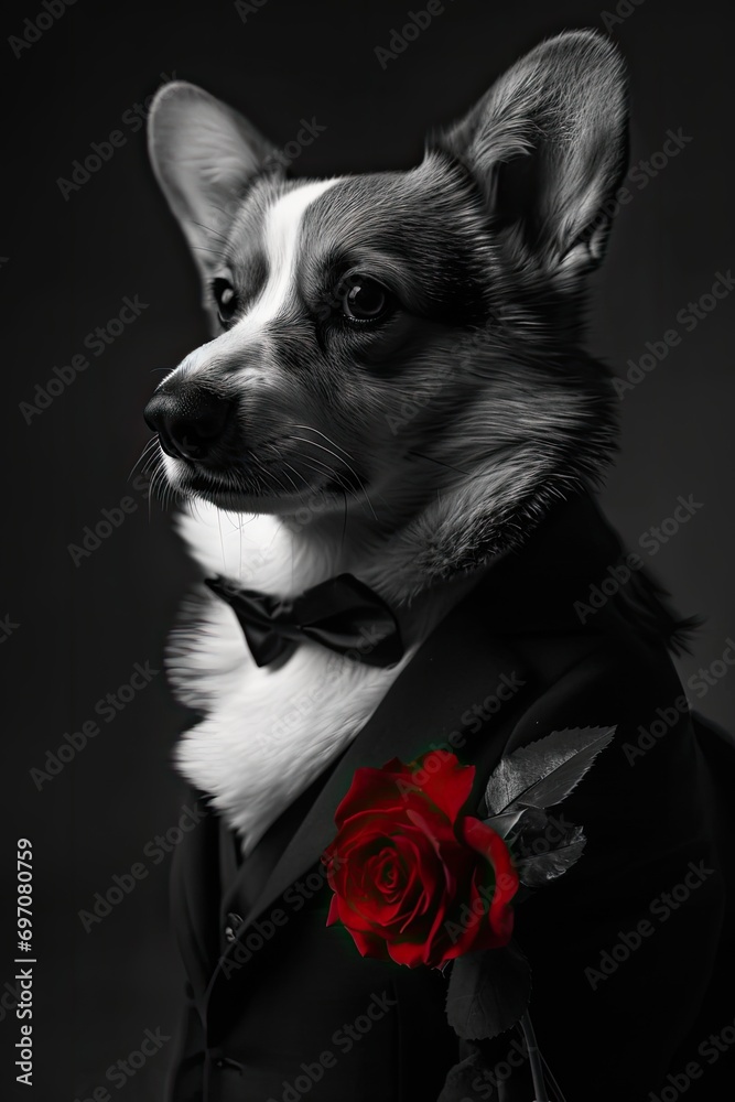Black and white, portrait of a corgi with dark suit with a red rose ...