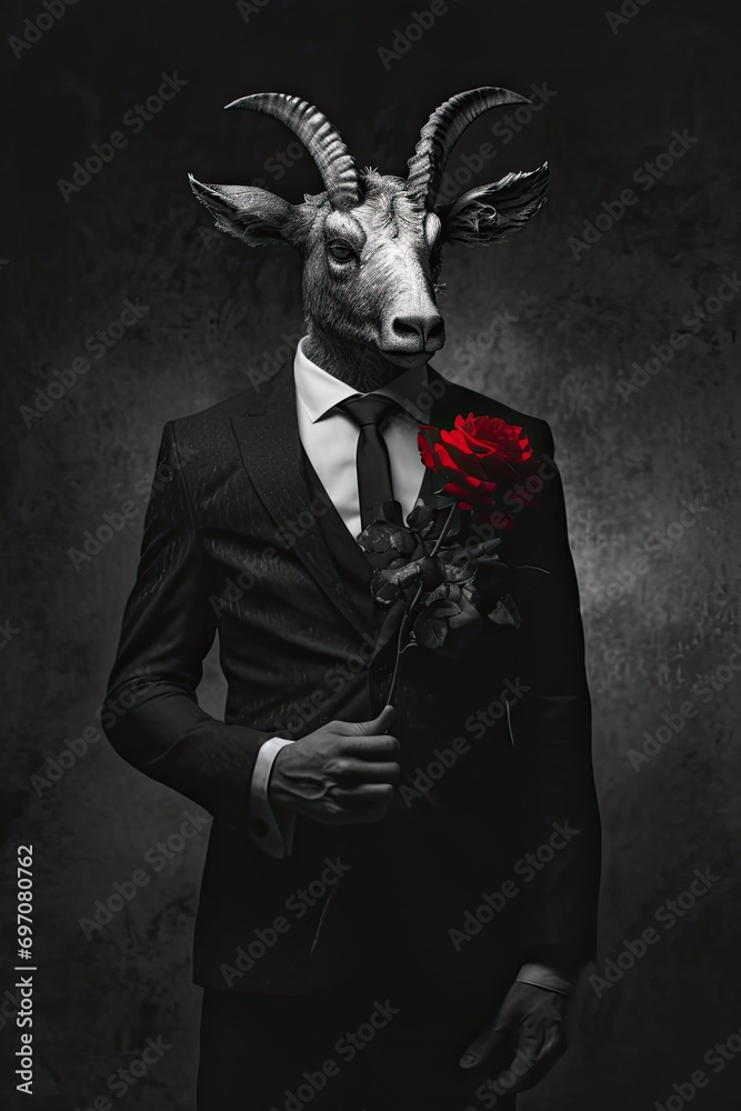 Black and white, portrait of a faun with dark suit with a red rose ...