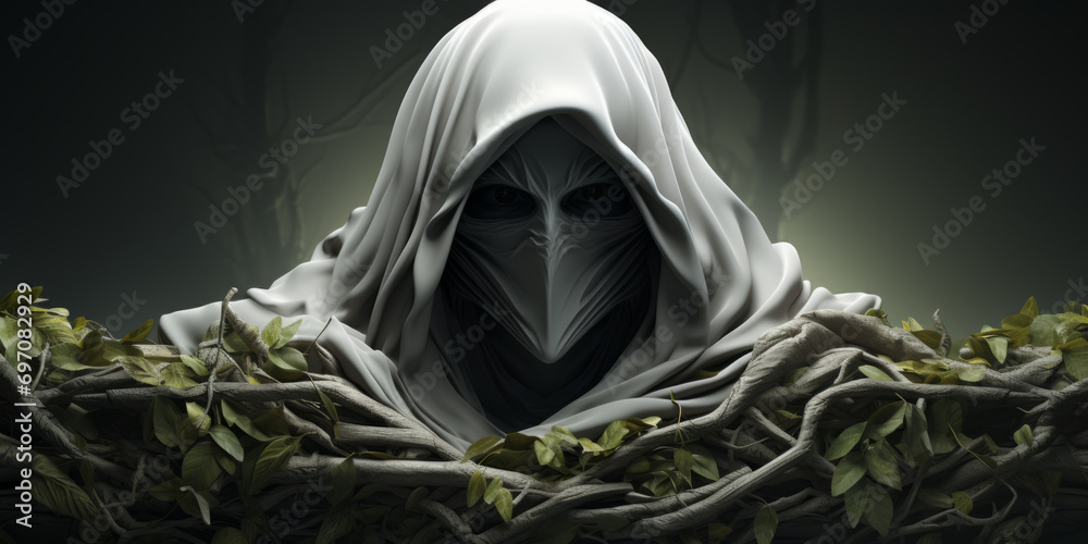 Grim reaper on a stage with tree branchs and leafs, scary devil evil or ...