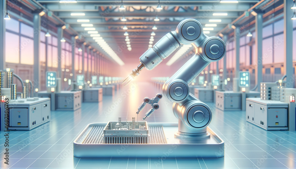 High-definition robotic arm assembling electronic device in modern ...