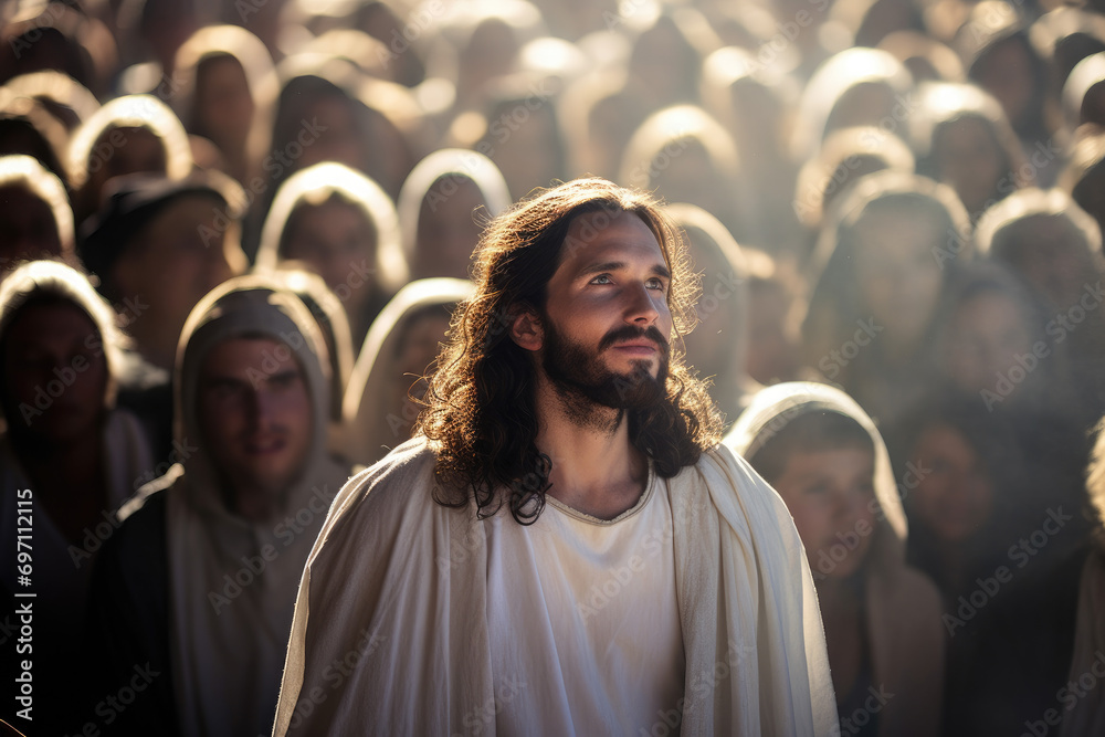 jesus standing in front of a crowd of people with heaven light Stock ...