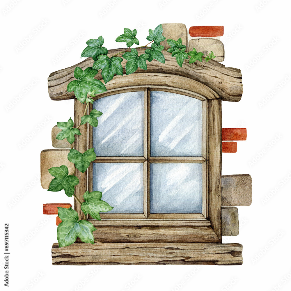 Vintage style wooden window in a brick wall with ivy vines. Watercolor ...