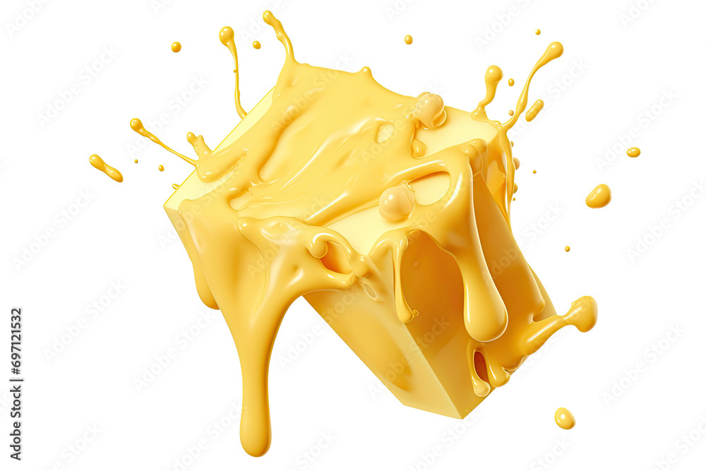 Piece of Cheese with drip and melting sauce splashing isolated on ...