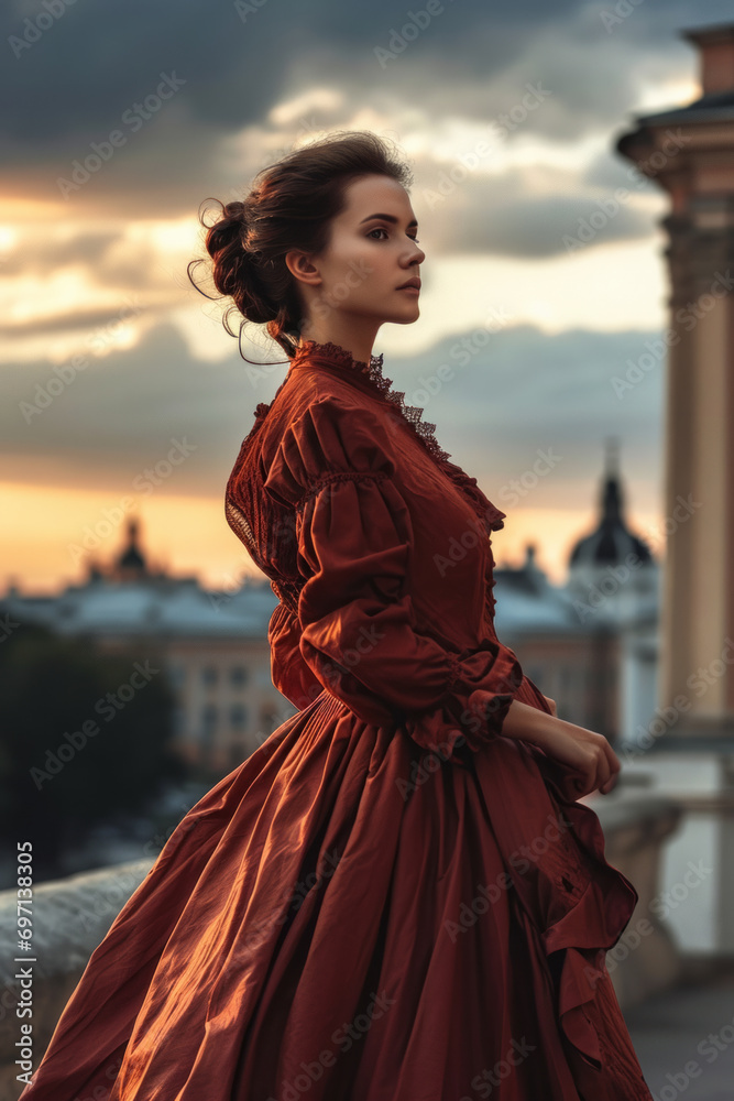 Woman in classic costume, full body view, not ironed wrinkled fabric ...