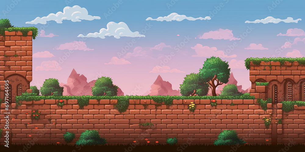 8-bit vintage video game style textured background wall landscape ...