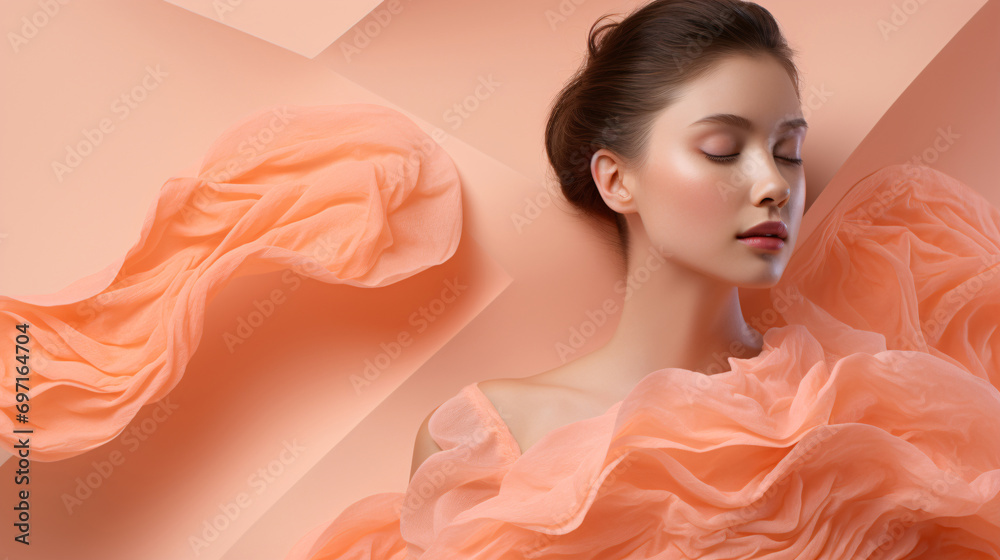 close-up of a young model with closed eyes in front of a peach fuzz ...