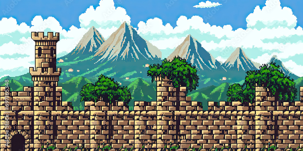 Castle background video game style illustration castles towers 8-bit ...