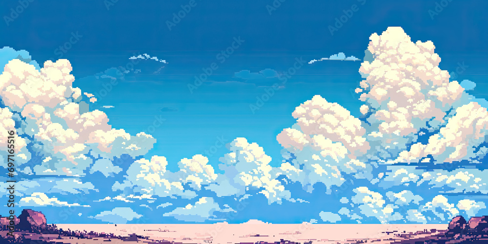 Gaming background cloud sky, vintage blue skies computer graphics 8-bit ...