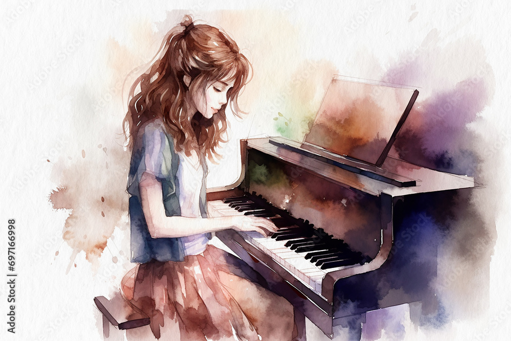 Girl playing the piano, a watercolor painting on textured paper ...