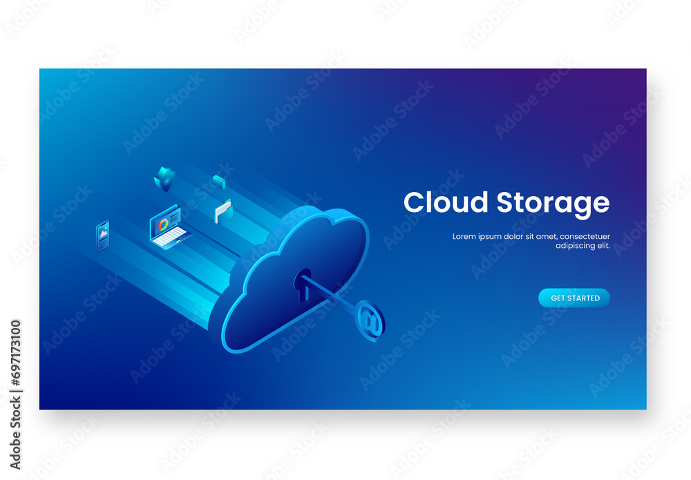Cloud Storage Landing Page Design in Blue Color, 3D Unlock Cloud Server ...