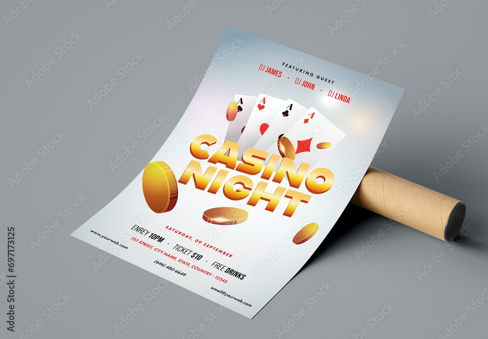 Casino Night Party Flyer Design with Aces Card and Golden Coins. Stock ...