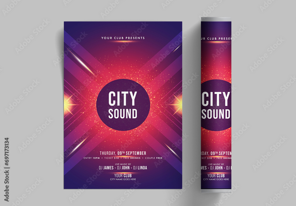 City Sound Flyer or Template Design with Lighting Effect and Event ...