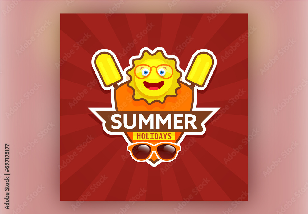 Summer Holidays Sticker or Label with Funny Cartoon Sun, Popsicles on ...