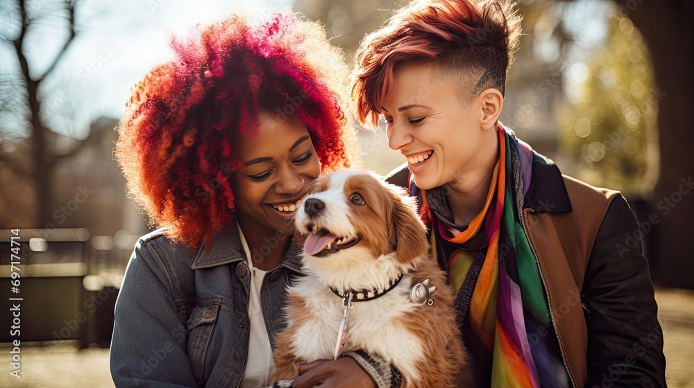 lbgt lesbian Couple spending time with pets in a park or at home ...