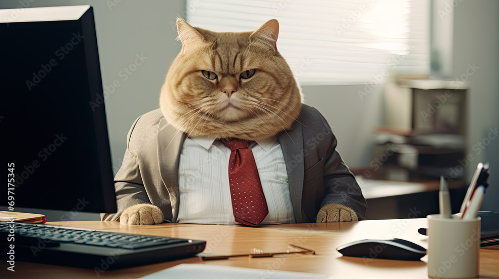 A Fat cat is sitting at the office table in front of a computer, upset ...